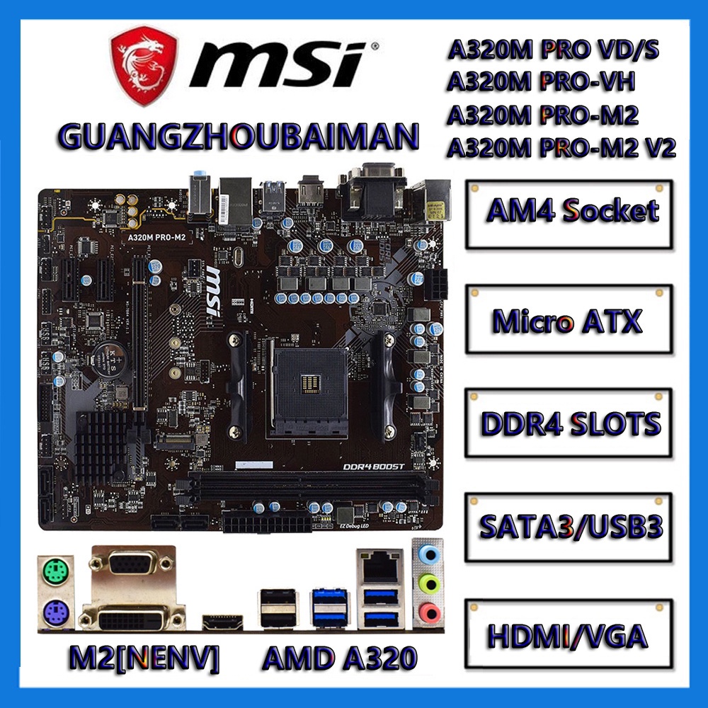MSI A320M PRO-VH/M2/VD/S A320 AMD Ryzen AM4 Placa Mãe DDR4 SATA3 HDMI ...
