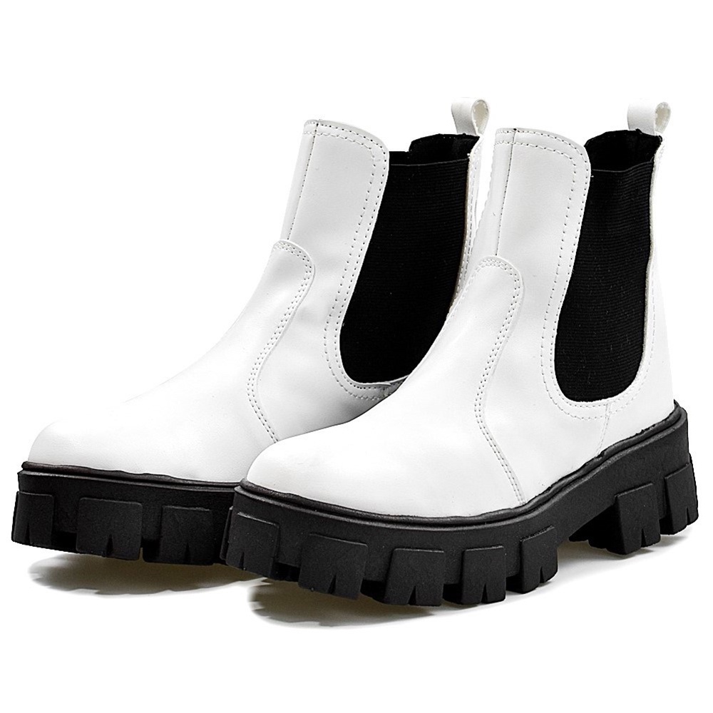 Bota Coturno Dubuy Feminina Tratorada Chelsea Branco Sola Preta Drop ...