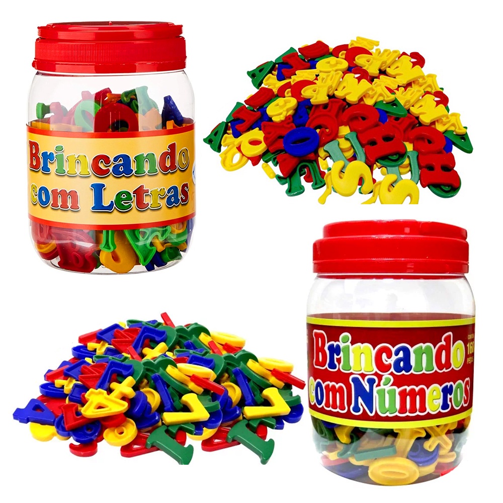Kit Brincando Com Números e Letras Potes Com 168 e 173 Peças Pais e ...