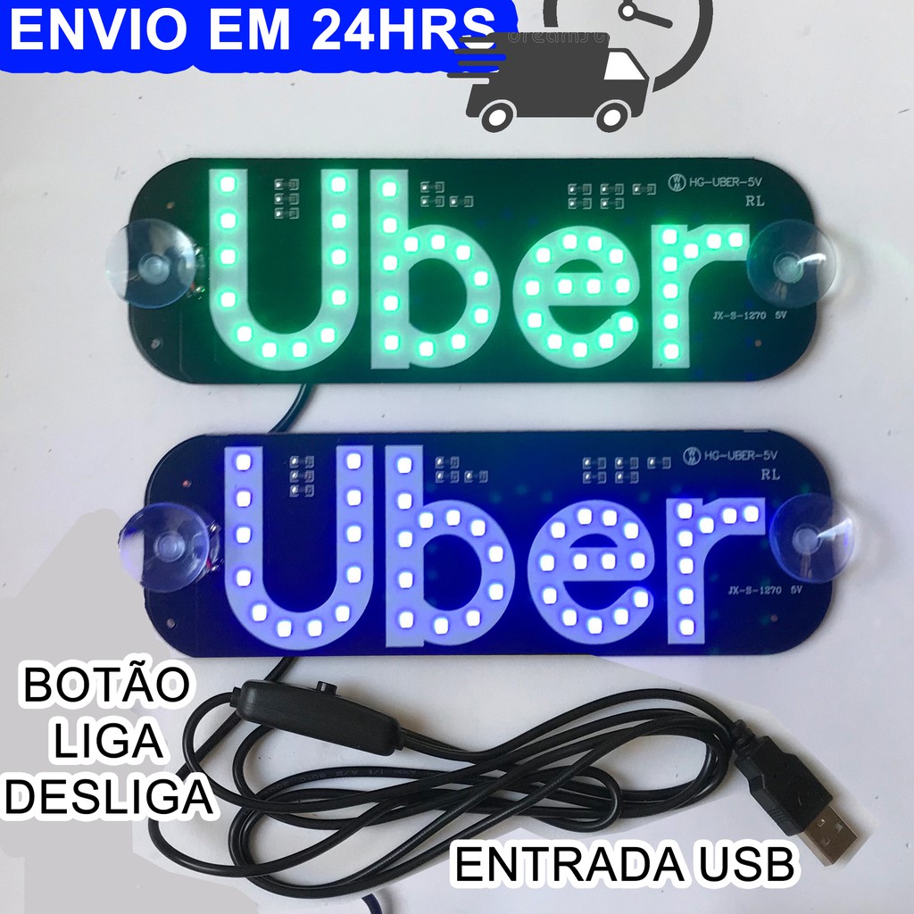 Placa Led Luminoso Letreiro para Uber Azul - USB com Botão - Motorista ...