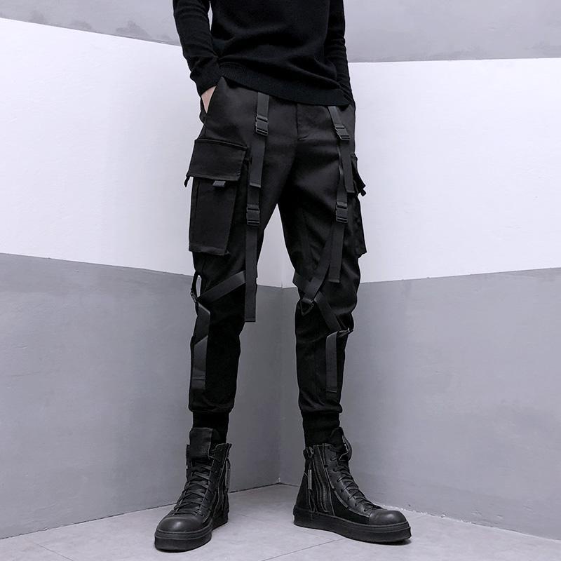 Calça Cargo Preta Masculina De Rua Hip Hop Fita Bolso Moda Calças