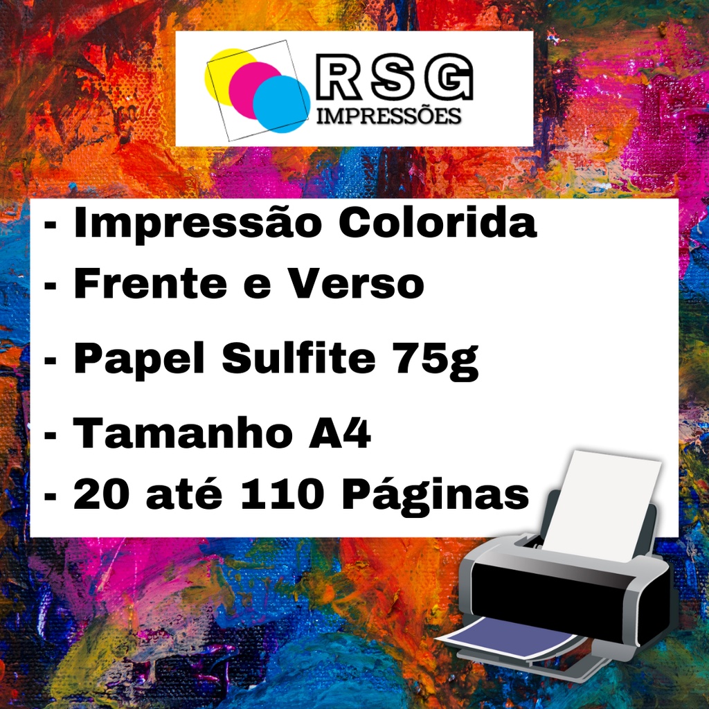 Impressão Colorida, Papel Sulfite 75g, Tamanho A4, Frente e Verso. Até ...