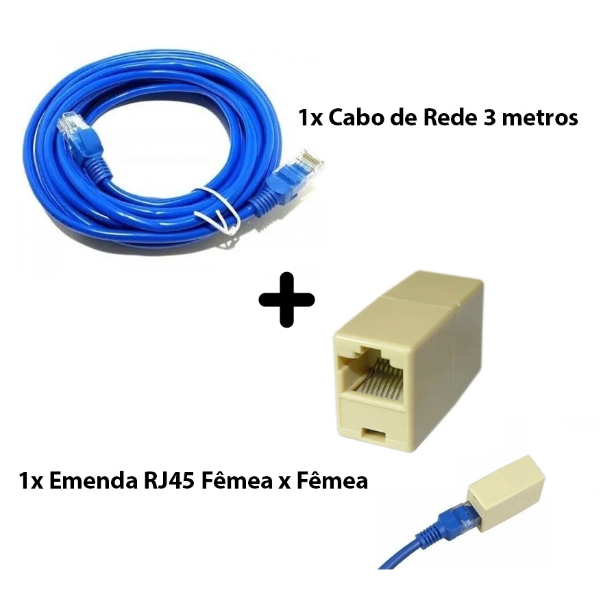 Emenda Rj45 Extensor Fêmea + Cabo De Rede 3 Metros Montado Pronto Usar ...