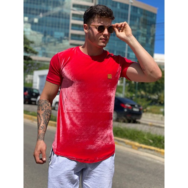 Camisa masculina Longline de veludo e algodão, camiseta de camurça ...