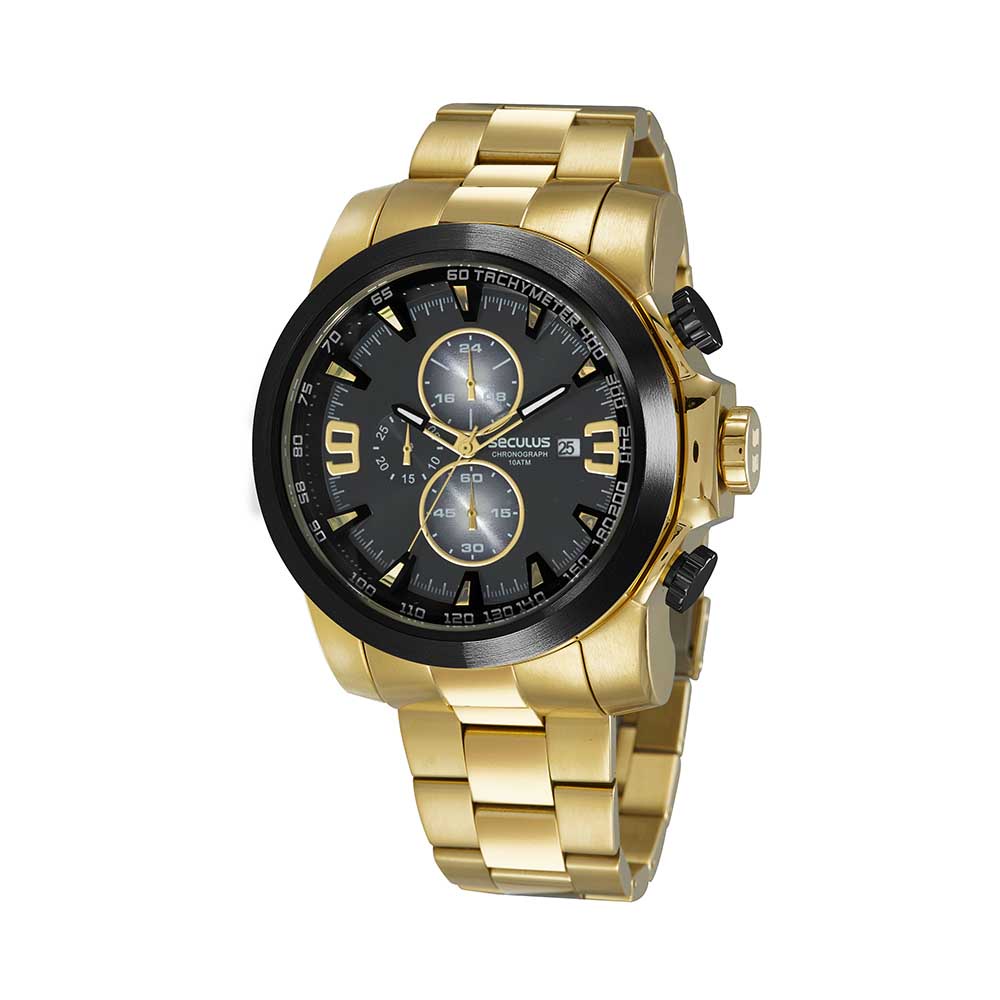 RELÓGIO SECULUS MASCULINO DOURADO CRONOGRÁFO GRANDE 10 ATM | Shopee Brasil