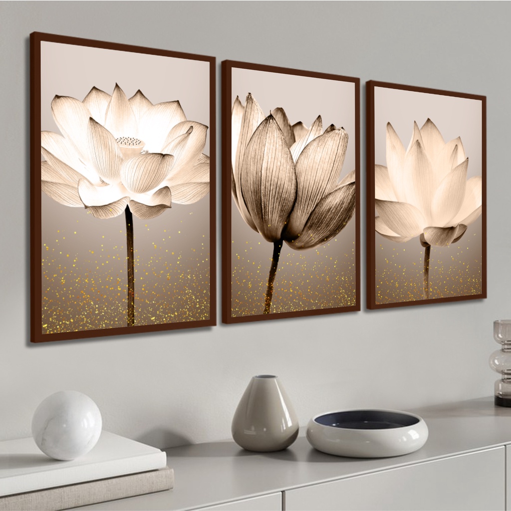 Kit 3 Quadros Decorativos Flores Bege Gold Moderno Para Sala Quarto ...