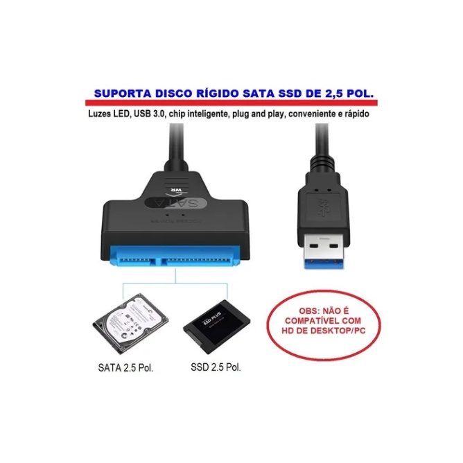 Cabo Leitor De Hd / ssd 2,5 Adaptador Usb 3.0 e 2.0 Sata SSD | Shopee ...