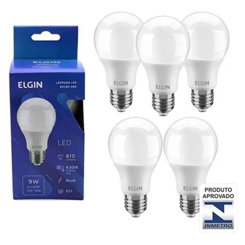Kit 5 Lâmpadas Bulbo Elgin Led 9w Branco Frio 6500k Bivolt | Shopee Brasil