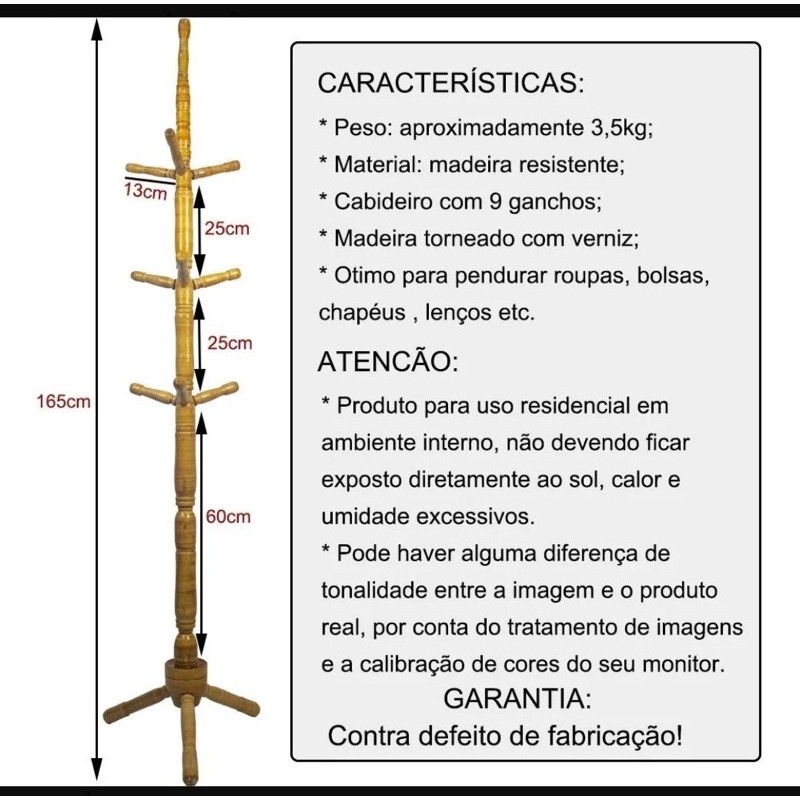 cabide tripe grande de madeira de lei ,9ganchos para organização ...