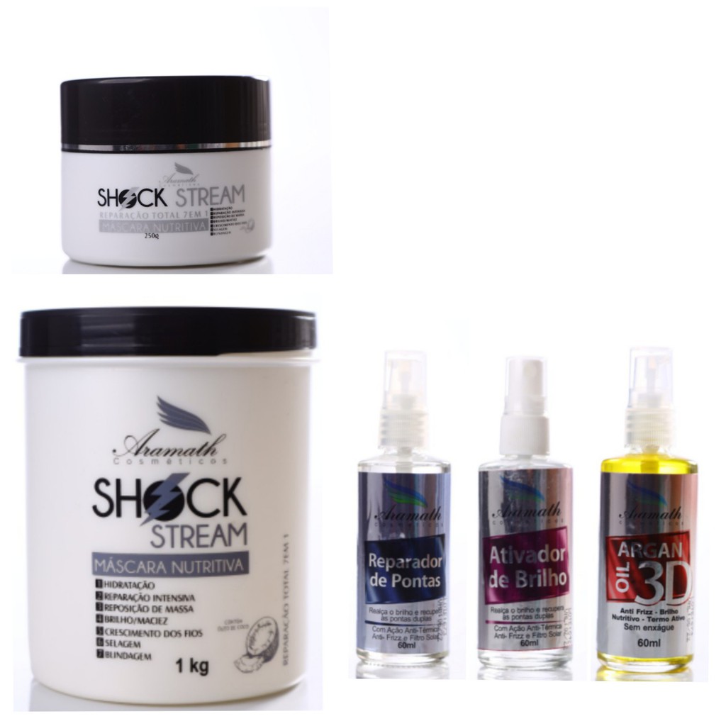 Máscaras Shock Stream 7 Em 1 Aramath 250g e 1k + Finalizadores argan ...