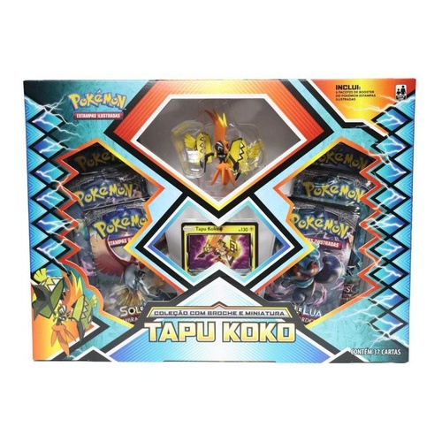 Pokemon Box Tapu Koko Miniatura Cards Broche Tcg Sol e Lua | Shopee Brasil