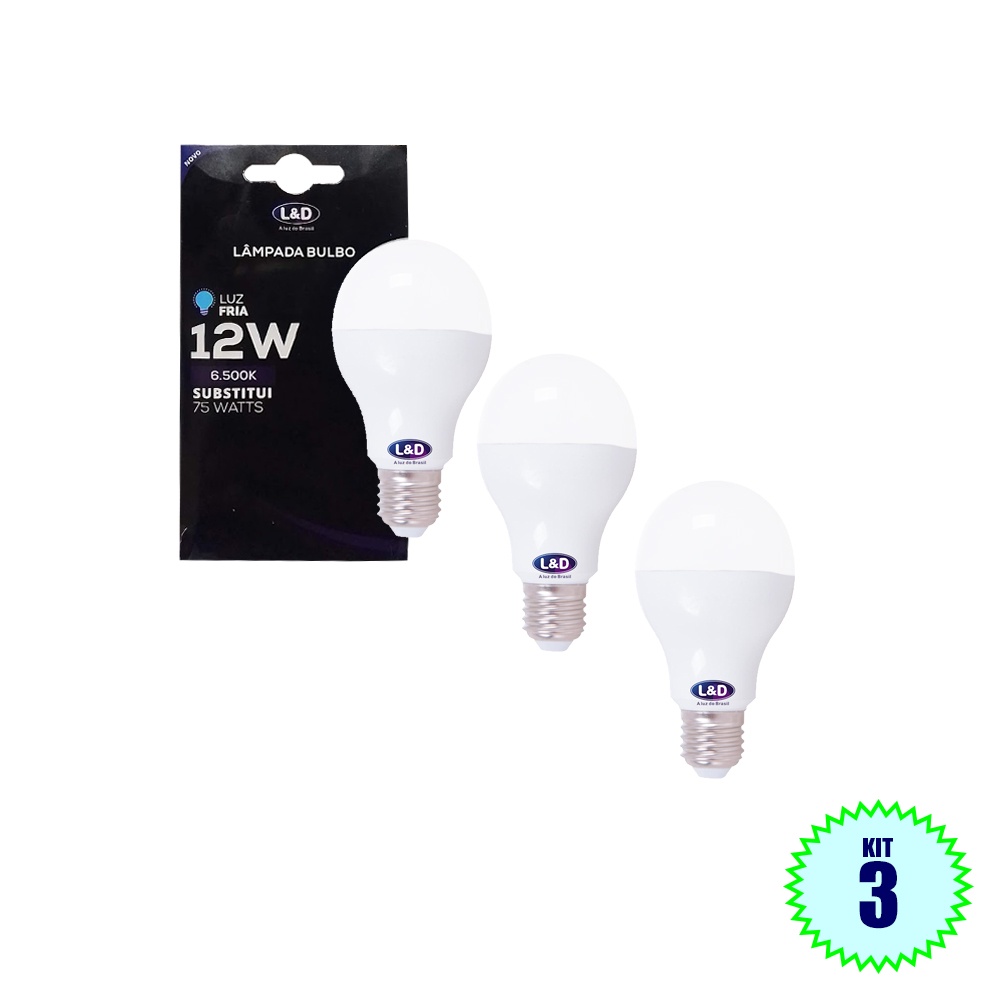 Kit 3 Lampadas Led 12w Bulbo Branca Fria L&d 6500k 0807 | Shopee Brasil