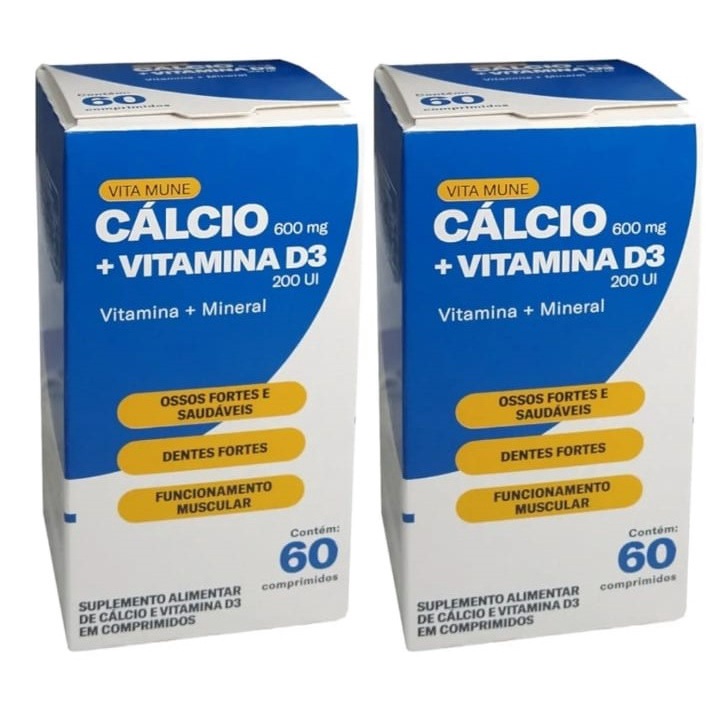 Kit c/ 2 Cálcio 600mg + Vitamina D3 200UI VitaMune 120 Compr | Shopee Brasil