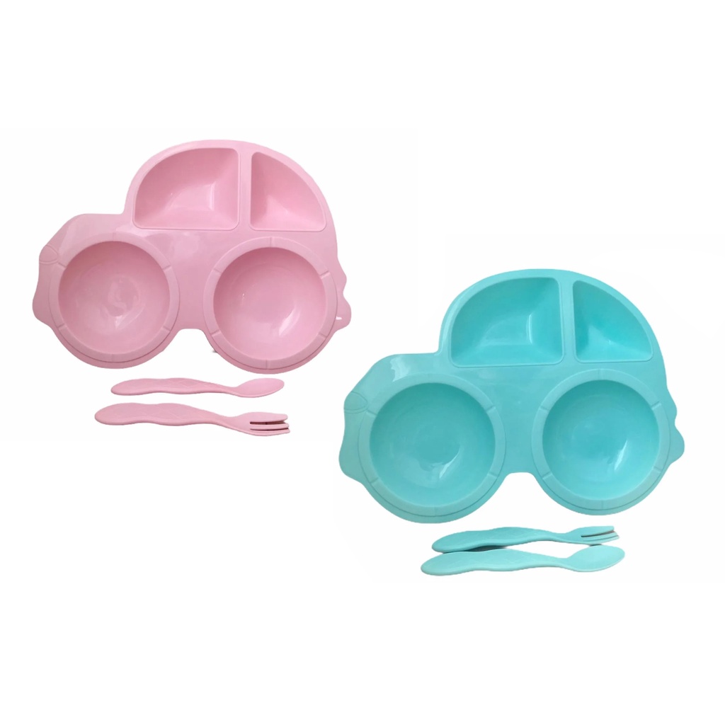 Prato Infantil Carro c/ Divisórias + Talheres - Rosa ou Verde ...