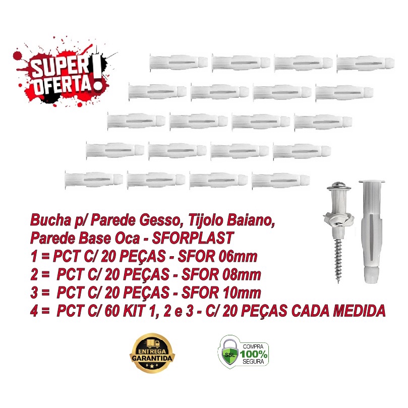 Bucha Parede Gesso Tijolo Baiano Parede Oca Pct. 20 pecas 06mm 08mm e ...