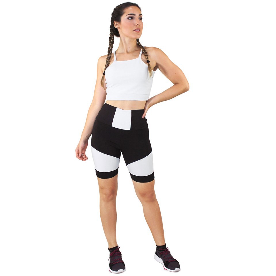 Conjunto Fitness Feminino Cropped Branco + Shorts em Elastano Preto Com ...