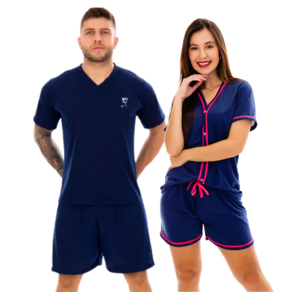 Kit Casal FB Malha Premium Blogueira Gola V Azul Feminino e Masculino ...