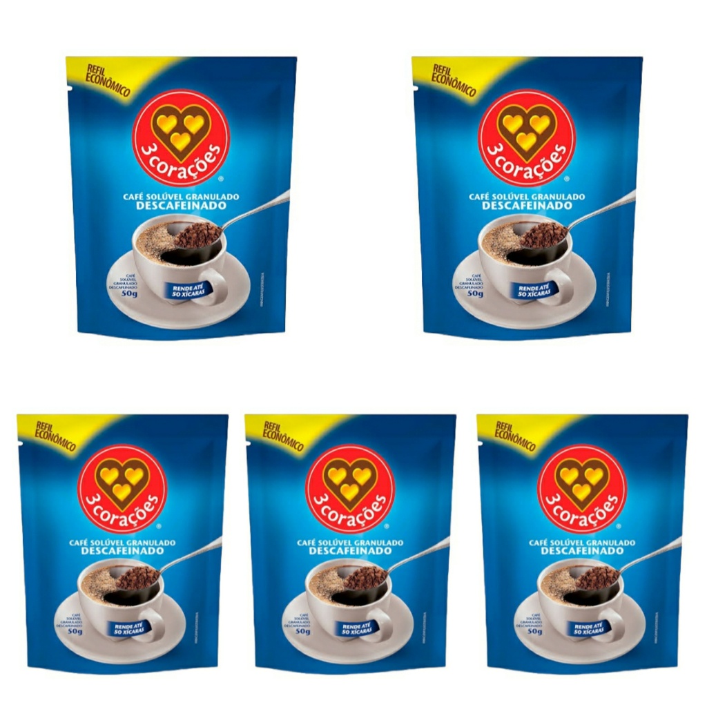 Café Solúvel Descafeinado 3 Corações Sachê Kit Com 5 Unidades de 50g ...