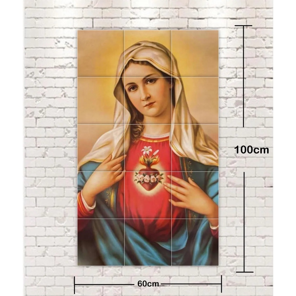 Quadro Sagrado Coração de Maria Mosaico Grande em Azulejos 100x60cm ...
