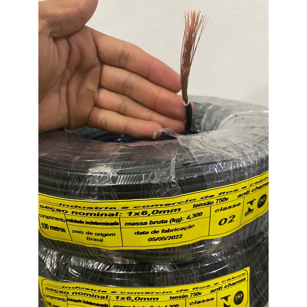 Fio Flexivel 6mm cabo Condutor eletrico rolo 100 METROS ANTICHAMAS ...