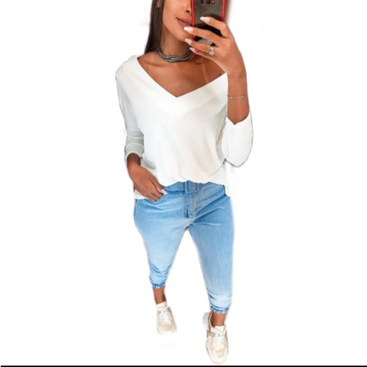 Blusa Feminina Gola V Decote Manga longa em Viscolycra Moda inverno ...