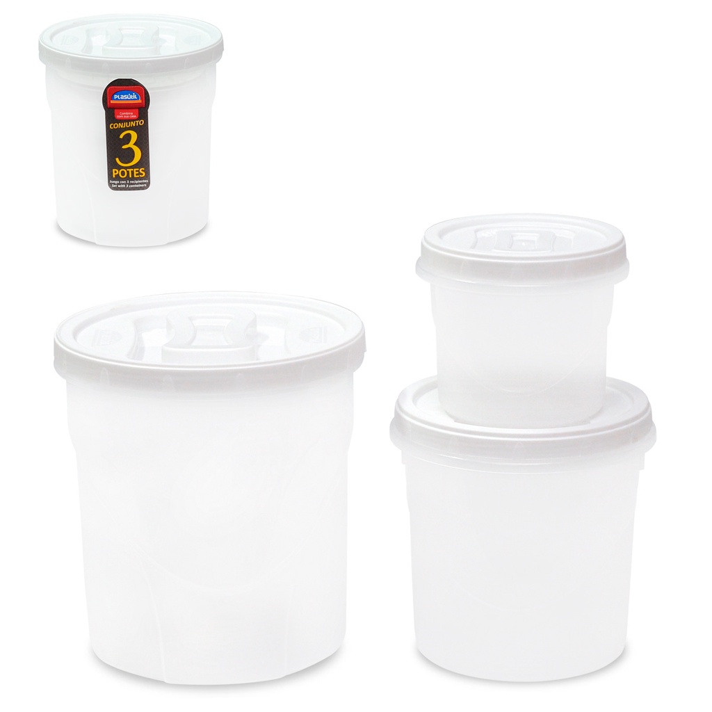 3 Potes plástico redondos plasútil com tampa de rosca Branca para ...