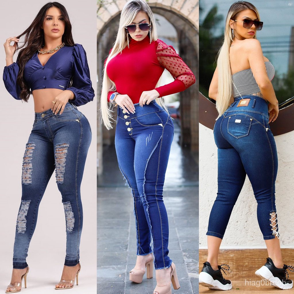 Calças jeans DESTROYED modeladora levanta bumbum Cintura Alta,Jeans ...