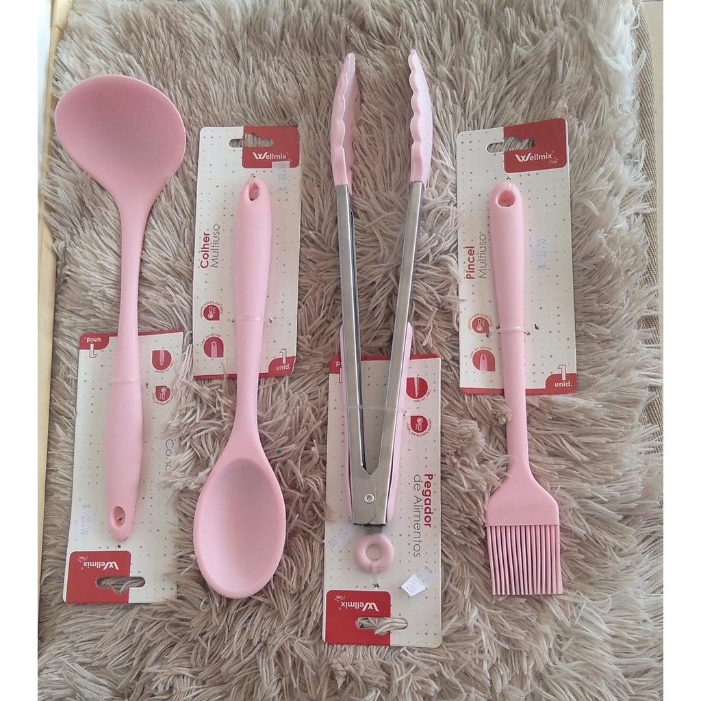 Kit Colher de Silicone, Concha, Pincel e Pegador de Alimentos Rosa e ...
