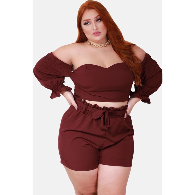 Conjunto Feminino Plus Size Shorts e Cropped Ombro a Ombro com Bojo Cintura Alta com Laco ...
