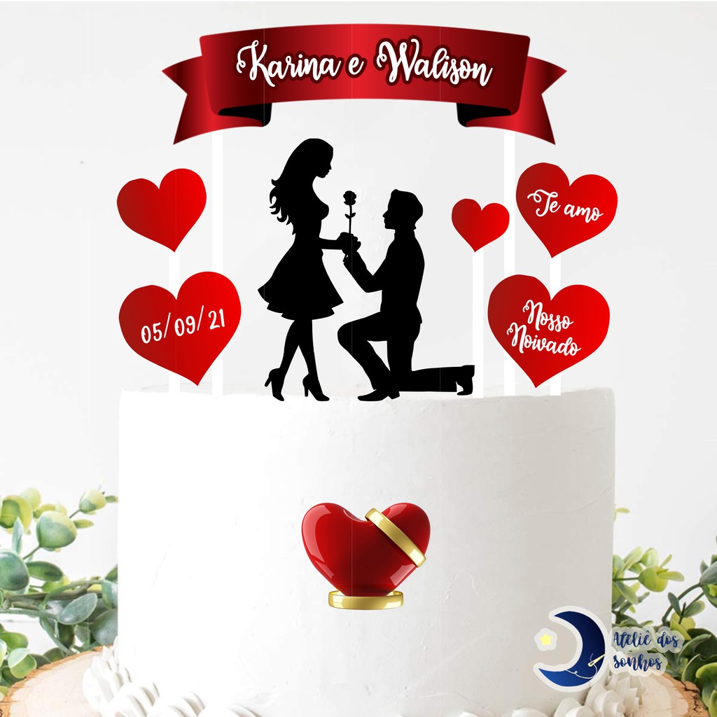 Topper de Bolo Noivado - Topo personalizado com nome e data casal ...