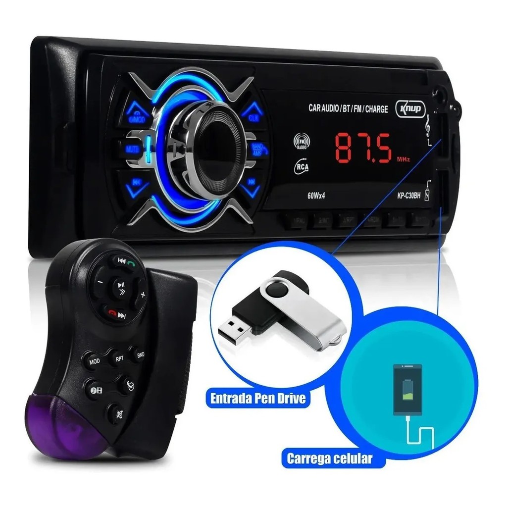 Som Automotivo MP3 Player Knup Rádio FM KP-C30BH 4 Canais 240W Controle de Volante | Shopee Brasil