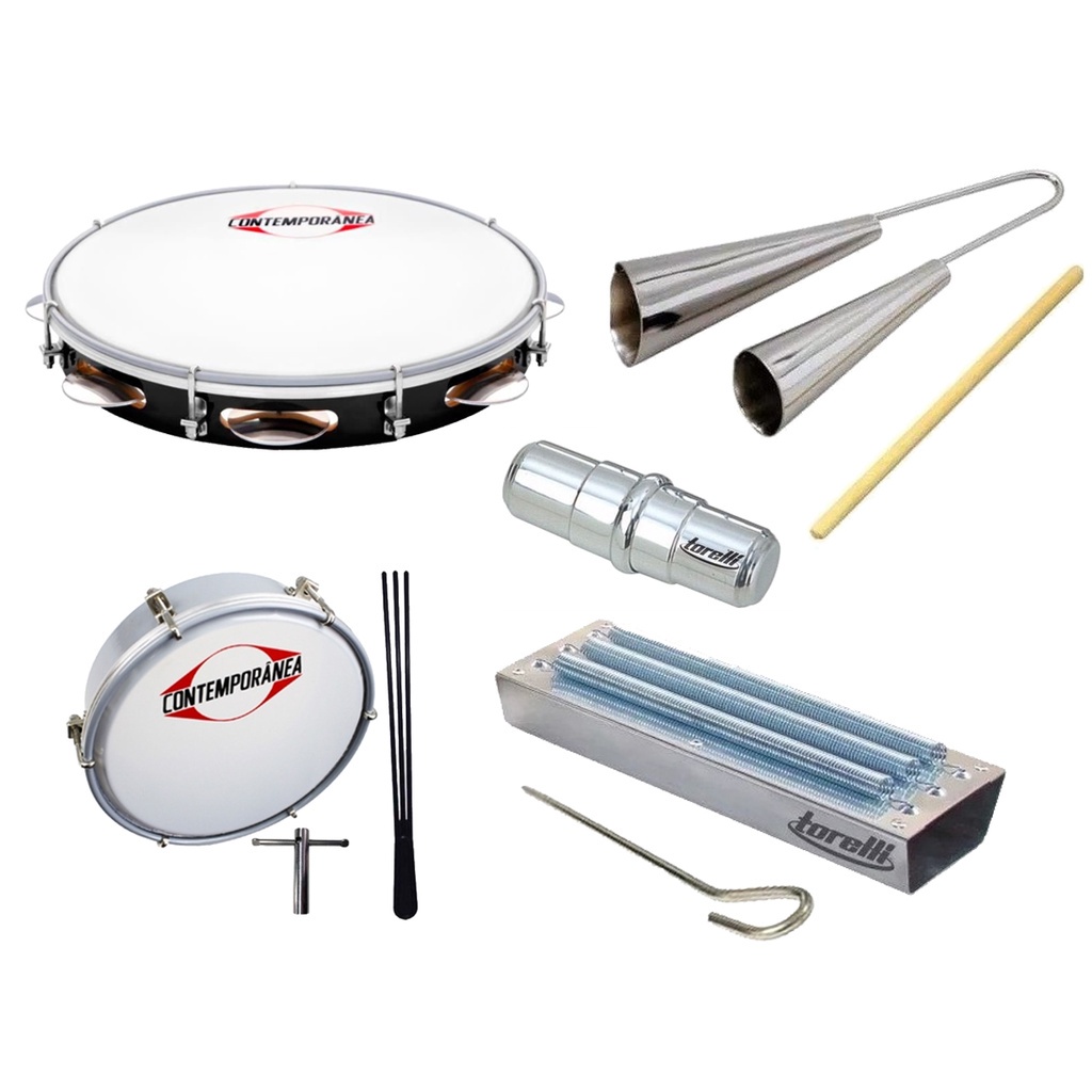 Pandeiro Contemporânea + Tamborim + Reco + Ganzá + Agogô Torelli Kit ...