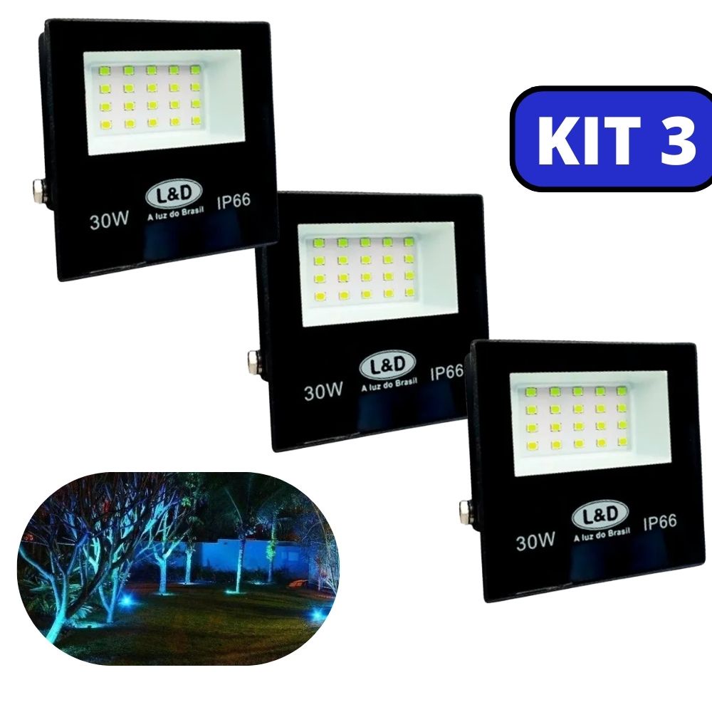 Kit 3 Refletor Led 30w Holofote Bivolt Slim Resistente Azul IP66 | Shopee Brasil