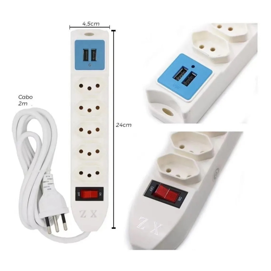 Extensão Elétrica 5 Tomadas Régua Bivolt Com 2 Usb Cabo 1,8m | Shopee Brasil