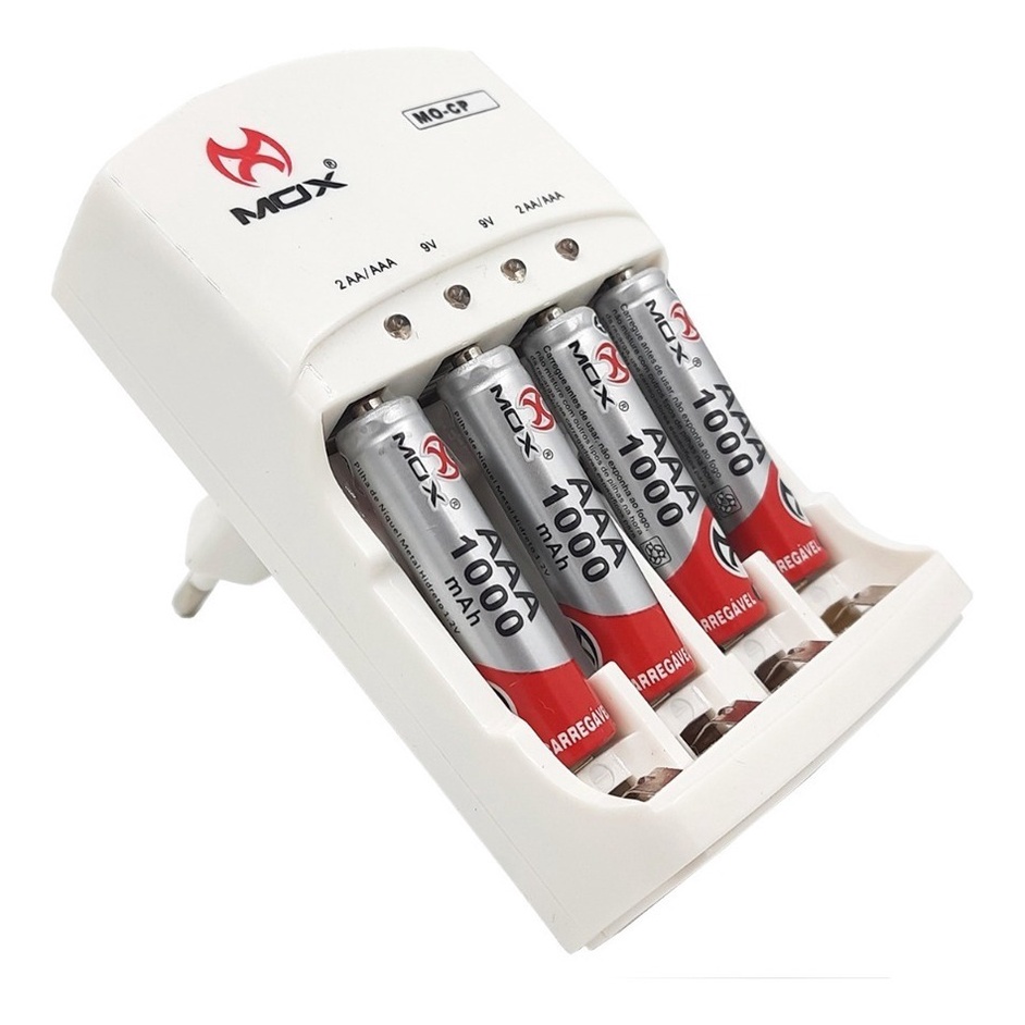 Carregador de pilha bivolt + 4 pilhas recarregaveis AAA pilha fina ...