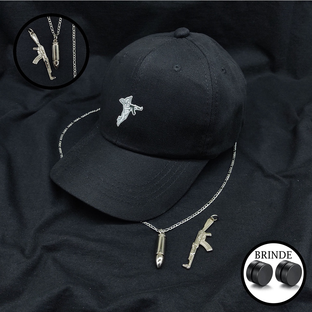 Kit Boné Anjo AK47 e Colar Munição e AK47 3x1 3mm de Aço inox Cirúrgico ...