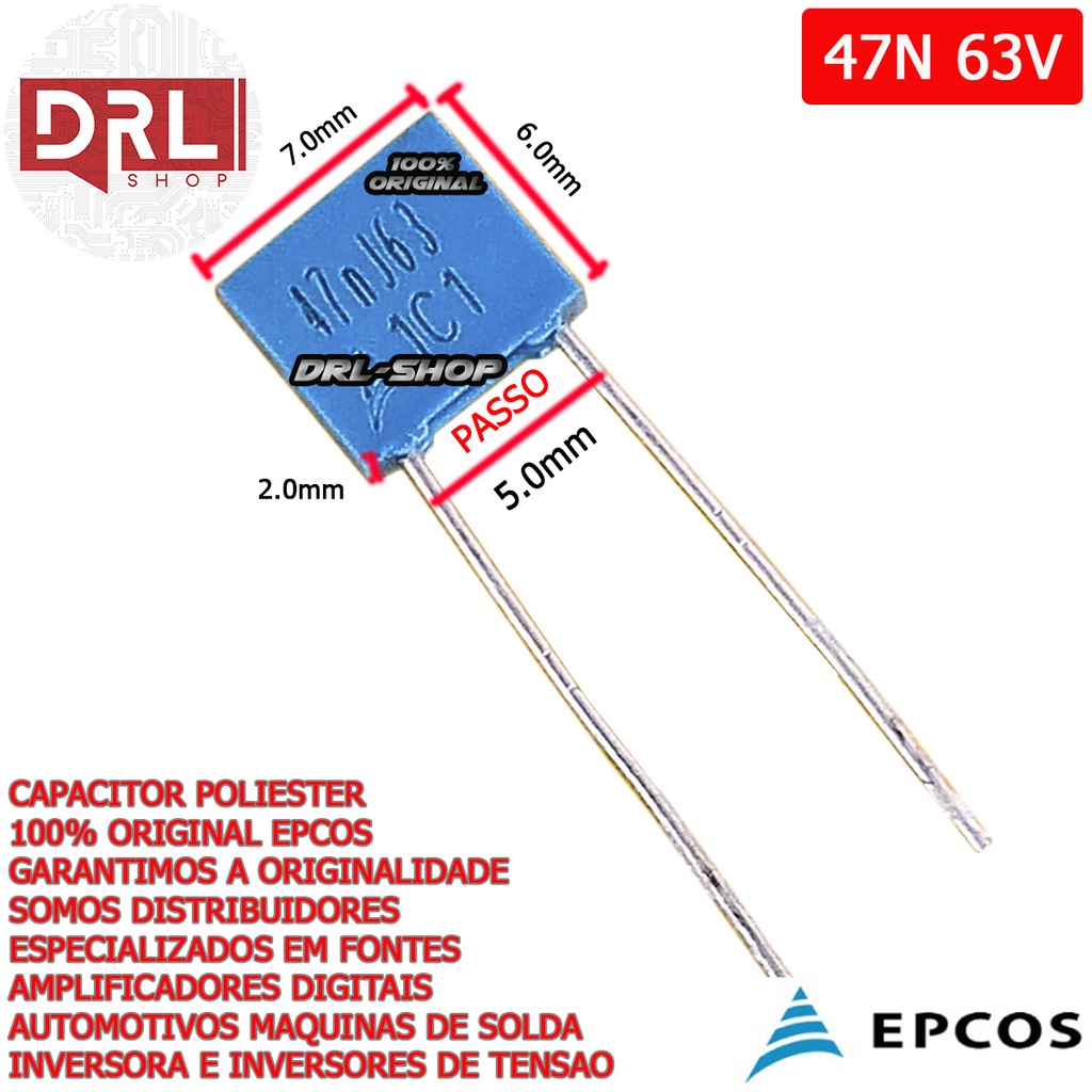 Kit 200 Capacitor Poliester 47nf 63v Epcos 47k 63v 473J 5mm | Shopee Brasil