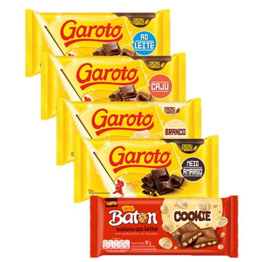 Barra de Chocolate 90g Garoto Sabores Ao Leite Meio Amargo Negresco Castanhas Confete Branco ...