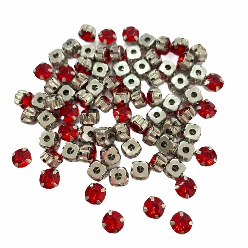 Chatons Engrampados - Redondo Base Prata c/ Chaton Vermelho - 8mm - 20 ...
