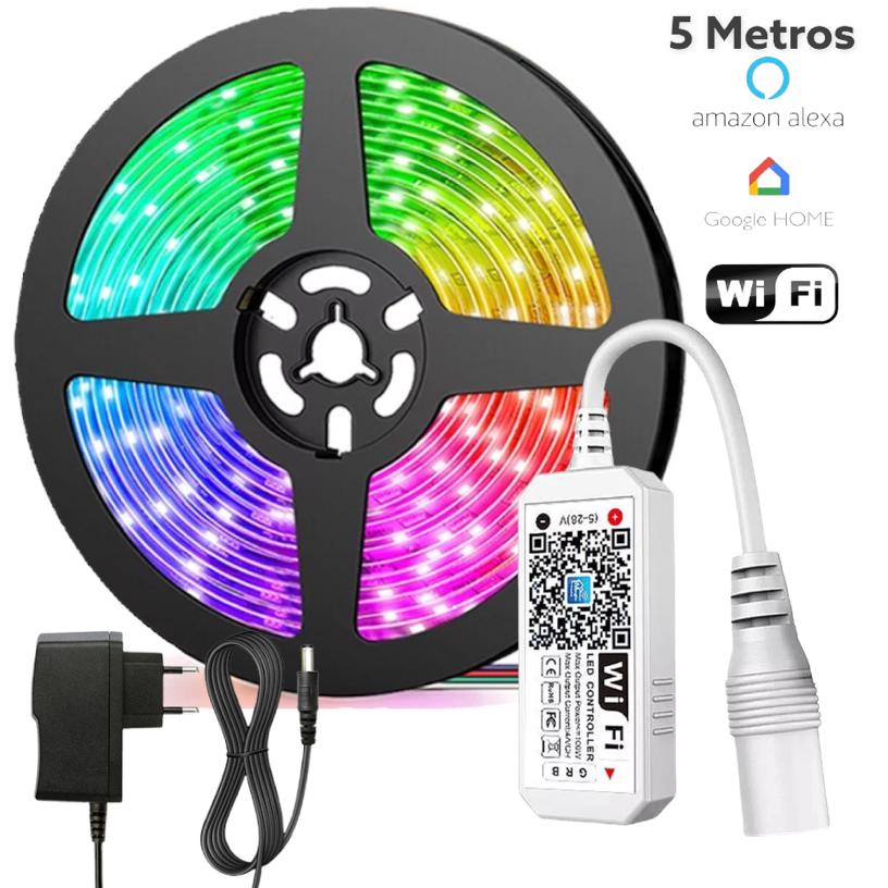 Fita Led 5050 Rgb Ip65 5 Metros Controlador Rgb Wifi Fonte 12v / Compatível com Alexa e Google ...