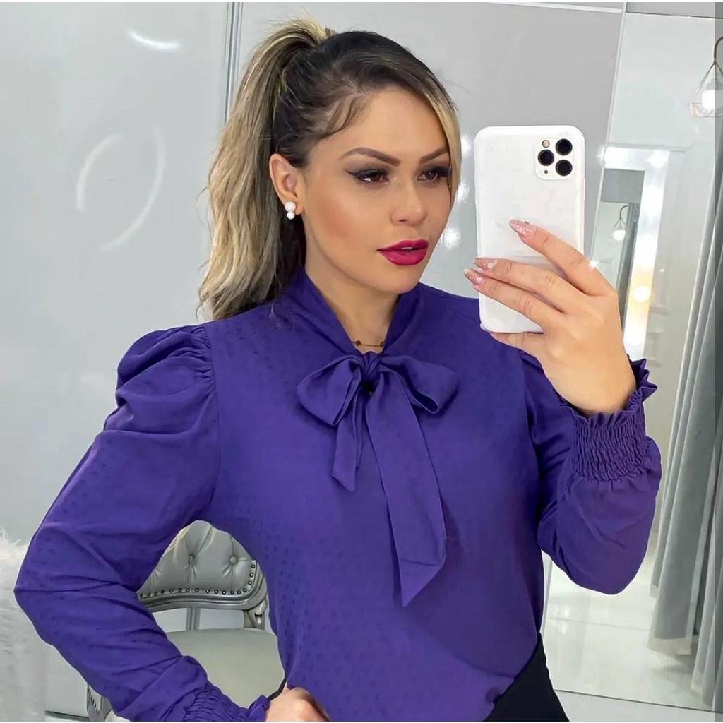 blusa social manga longa com laço moda feminina | Shopee Brasil