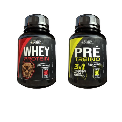 Whey Protein e Pré-Treino - 60 cápsulas De 500mg kit com 2 potes ...