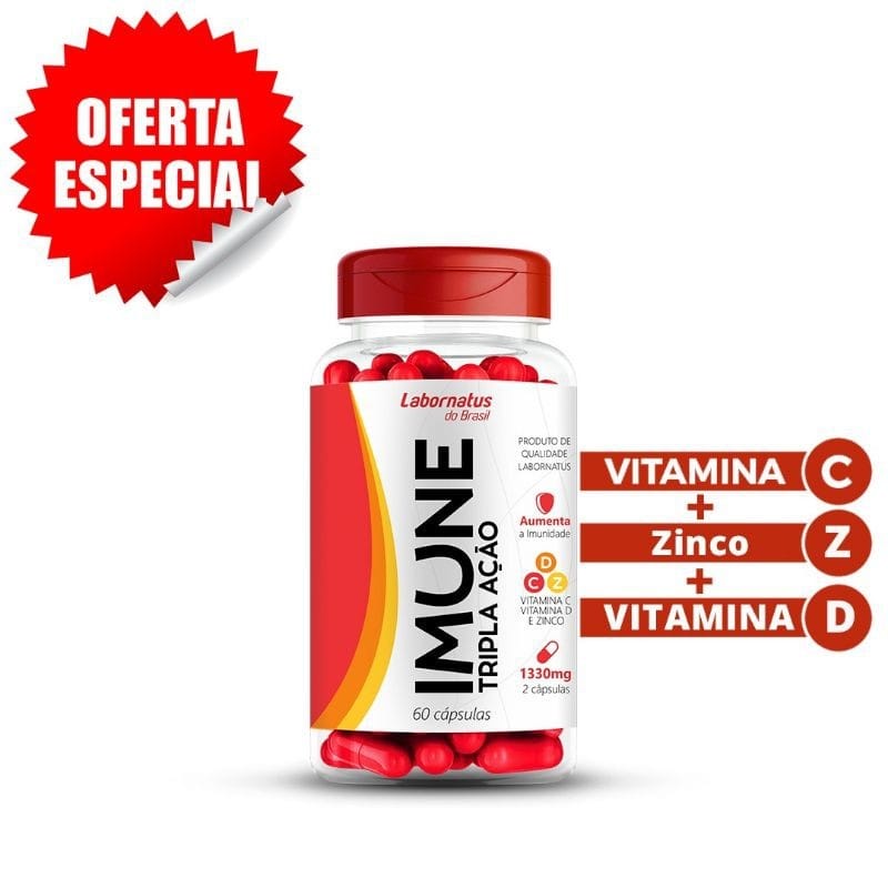 Imune Tripla Ação - Vitamina C 1300mg + Zinco 30mg + Vitamina D3 - 60 ...