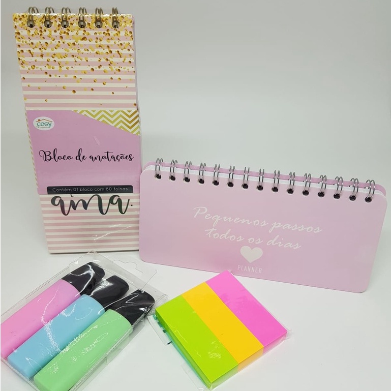Kit Planner Caderno Marca Texto Tipo Postite Bloco Anotações Material ...