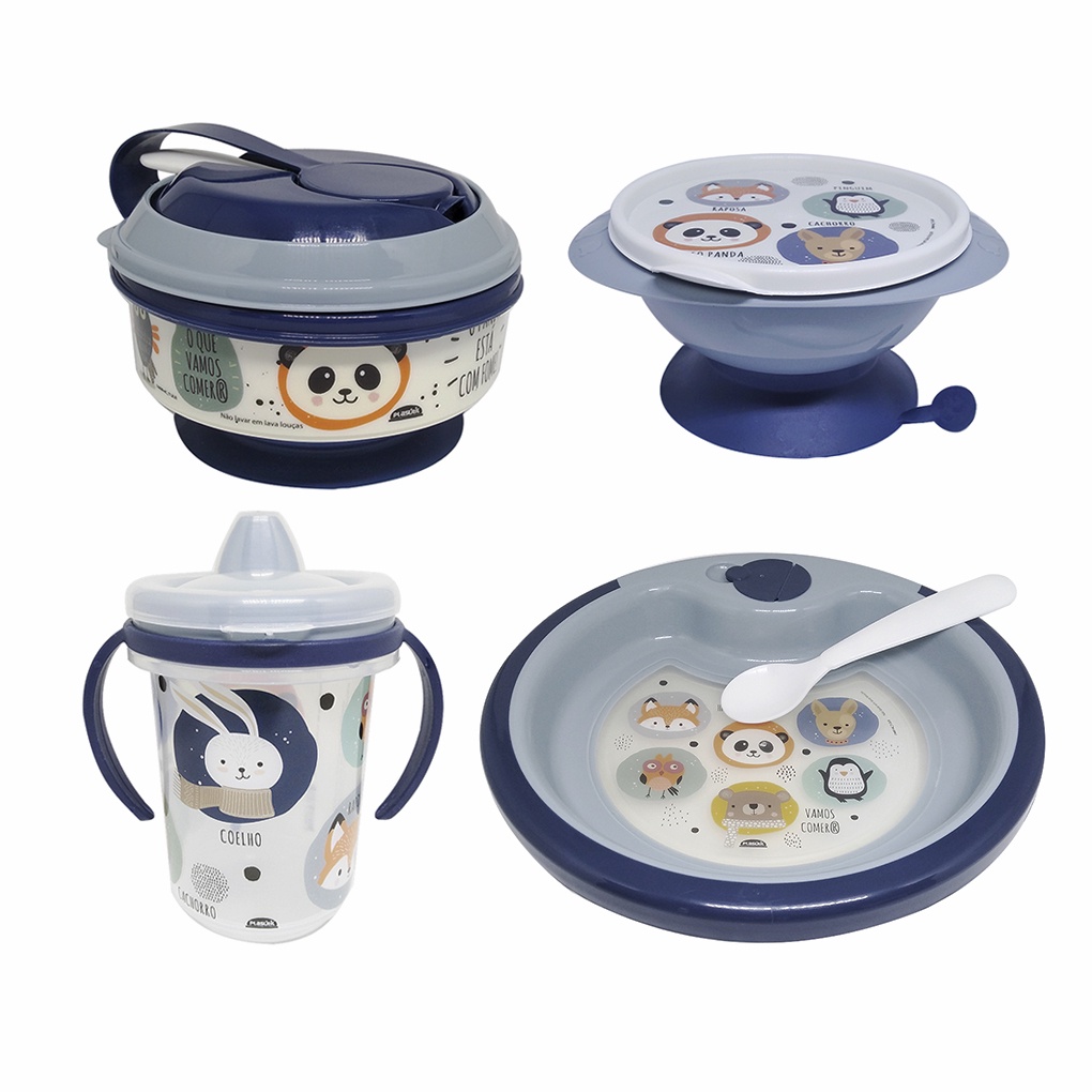 Kit Completo Prato Térmico Infantil Pote De Papinha Copo Bebê Menino ...