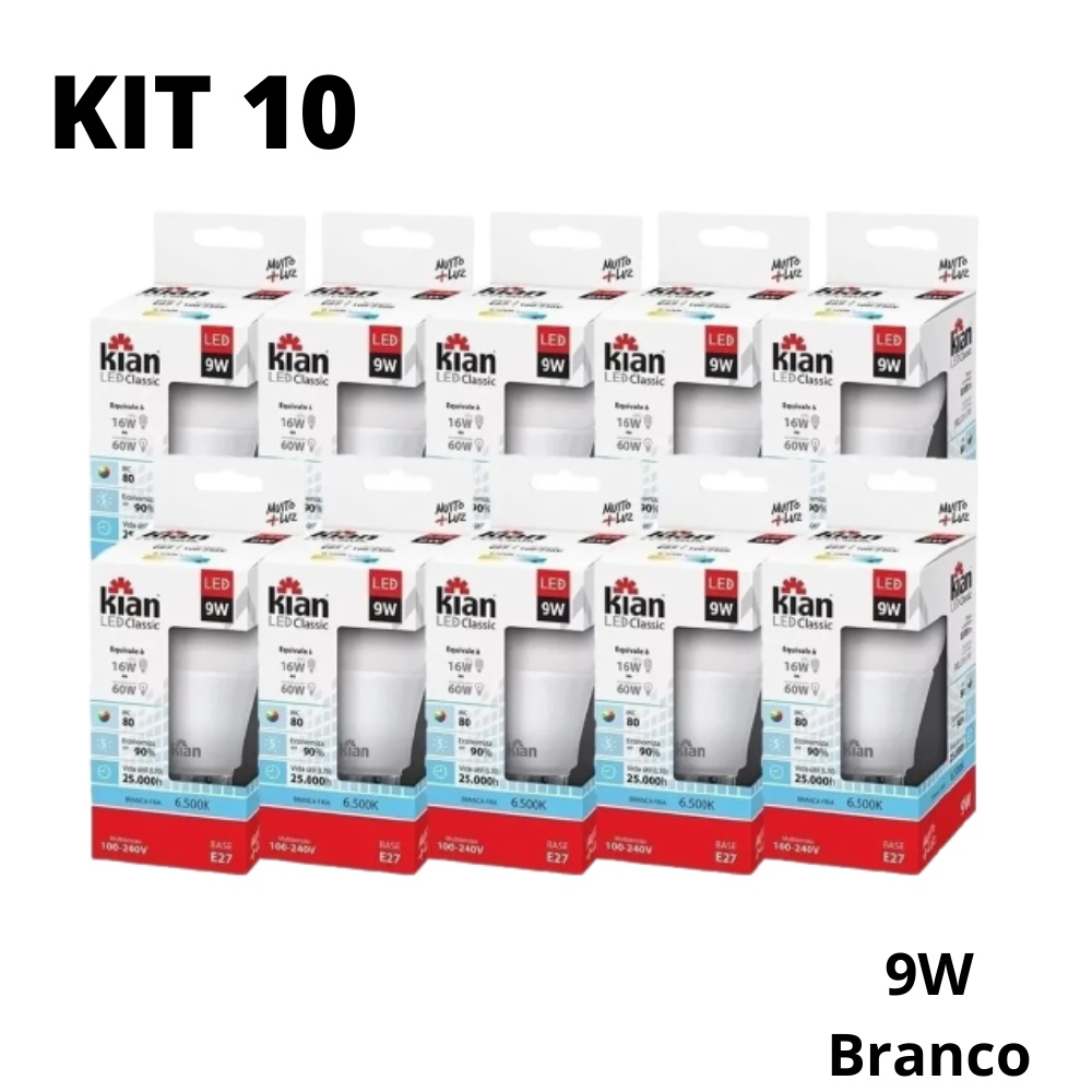 Kit 10 Lâmpada Led 9w Bulbo Econômica KIAN Bivolt Branco Frio 6500k 1058 | Shopee Brasil