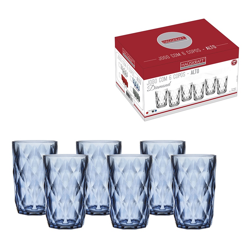 Copo Long Drink De Vidro Diamond Azul 340ml 6 Pecas Hauskraft | Shopee Brasil