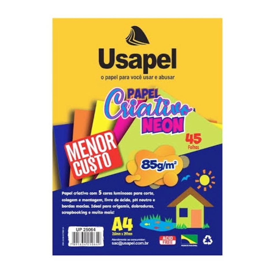 Papel Criativo Neon Colorido A4 85g 45 Folhas 5 Cores Usapel | Shopee Brasil