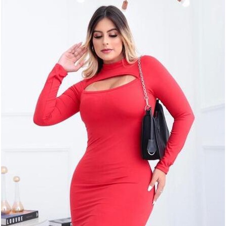 Vestido Feminino Colado Elegante Gola Alta Manga Longa Decote Vazado ...