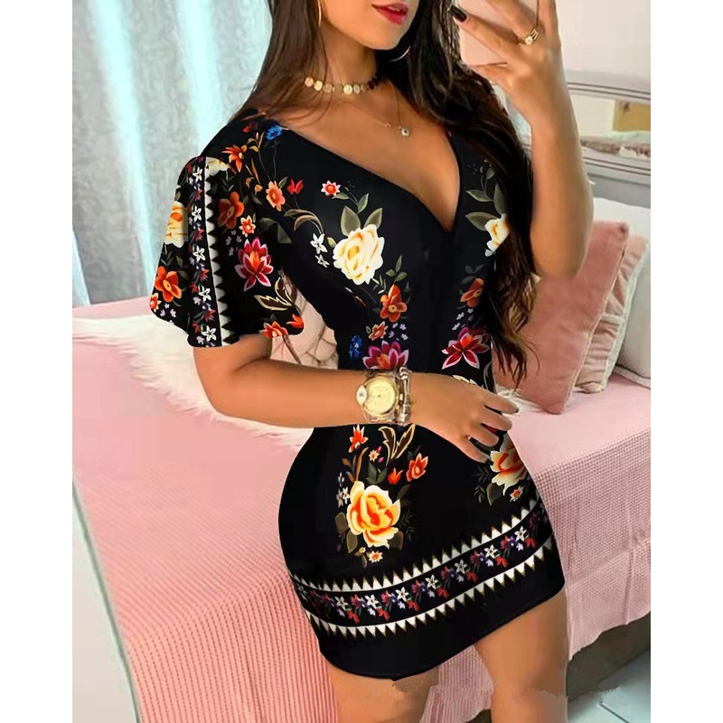 Bodycon Sexy Com Decote Em V Mini Vestido Feminino Moda De Verão Estampa Floral De Hip Wrap 2022 ...